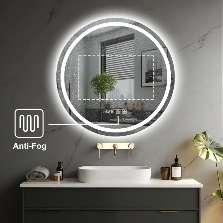 Kulaté LED zrcadlo 70 cm s odmlžováním a hodinami
