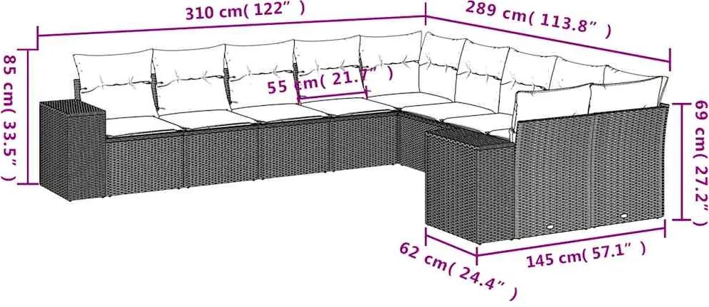 10dílná zahradní sedací souprava podušky světle šedá polyratan 3223111