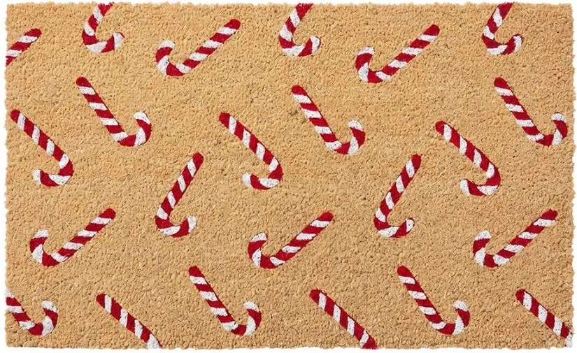 Hnědá kokosová rohožka s cukrovými holemi Candy Cane Christmas - 75*45*1 cm