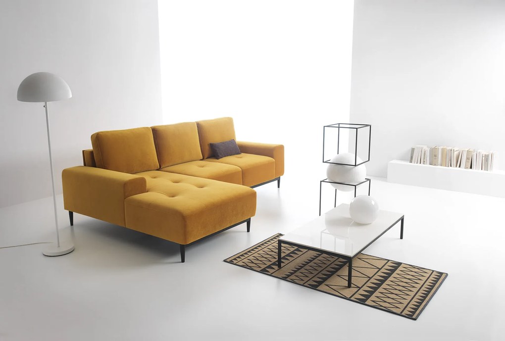 Rohová rozkládací sedací souprava do L VALENCIO, 266 cm, s úložným prostorem Roh pohovky: Pravý roh, Barva látky: Žlutá (Element 08)
