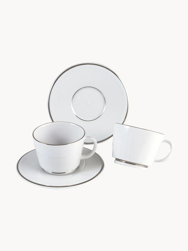 Sada ručně vyrobených porcelánových šálků na espresso's podšálky a platinovým lemem Vitruv, 2 díly