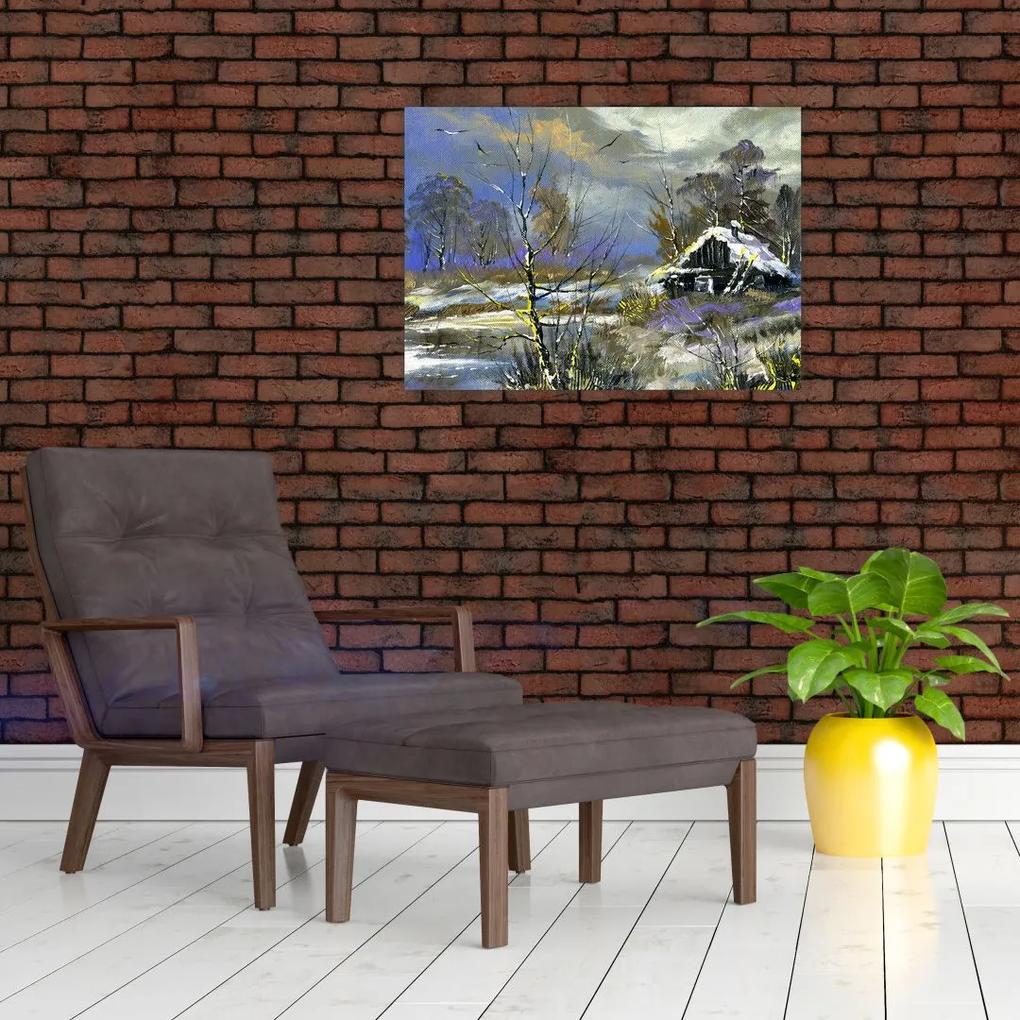Skleněný obraz chaloupky v zimní krajině, olejomalba (70x50 cm)