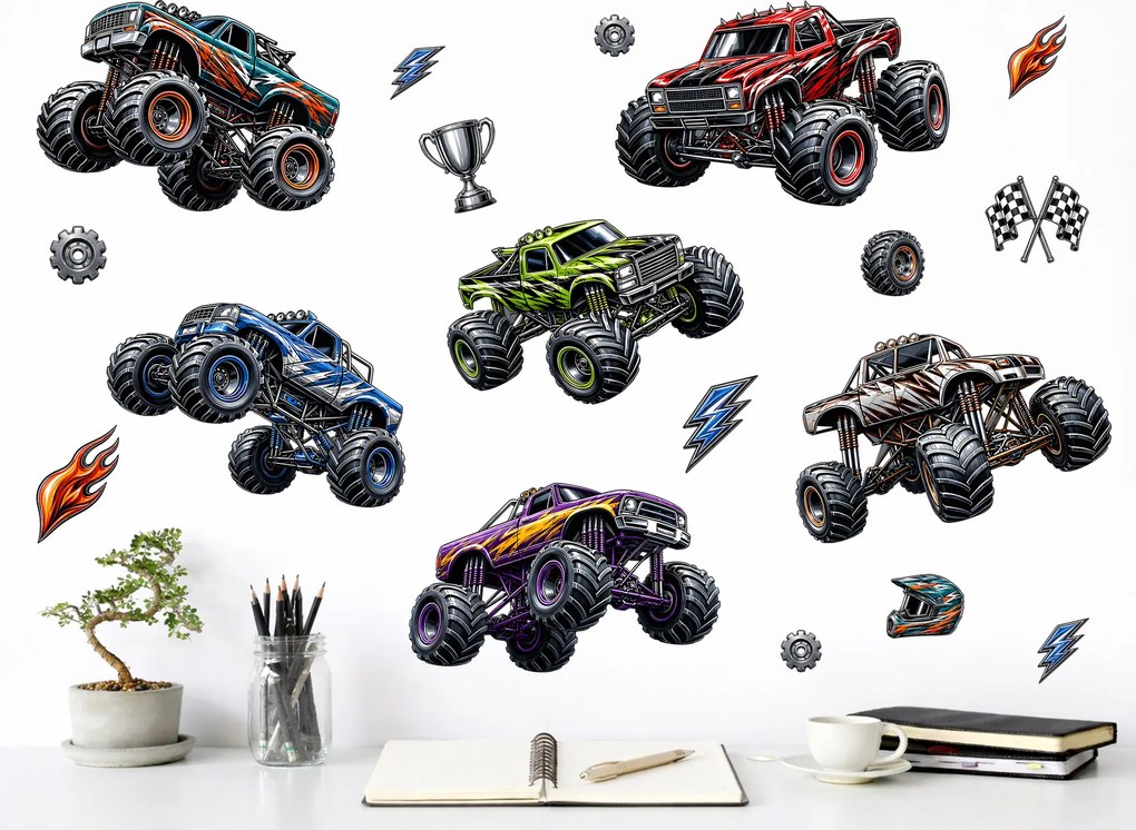Auta monster trucky samolepky na zeď do klučičího pokoje arch 75 x 70 cm