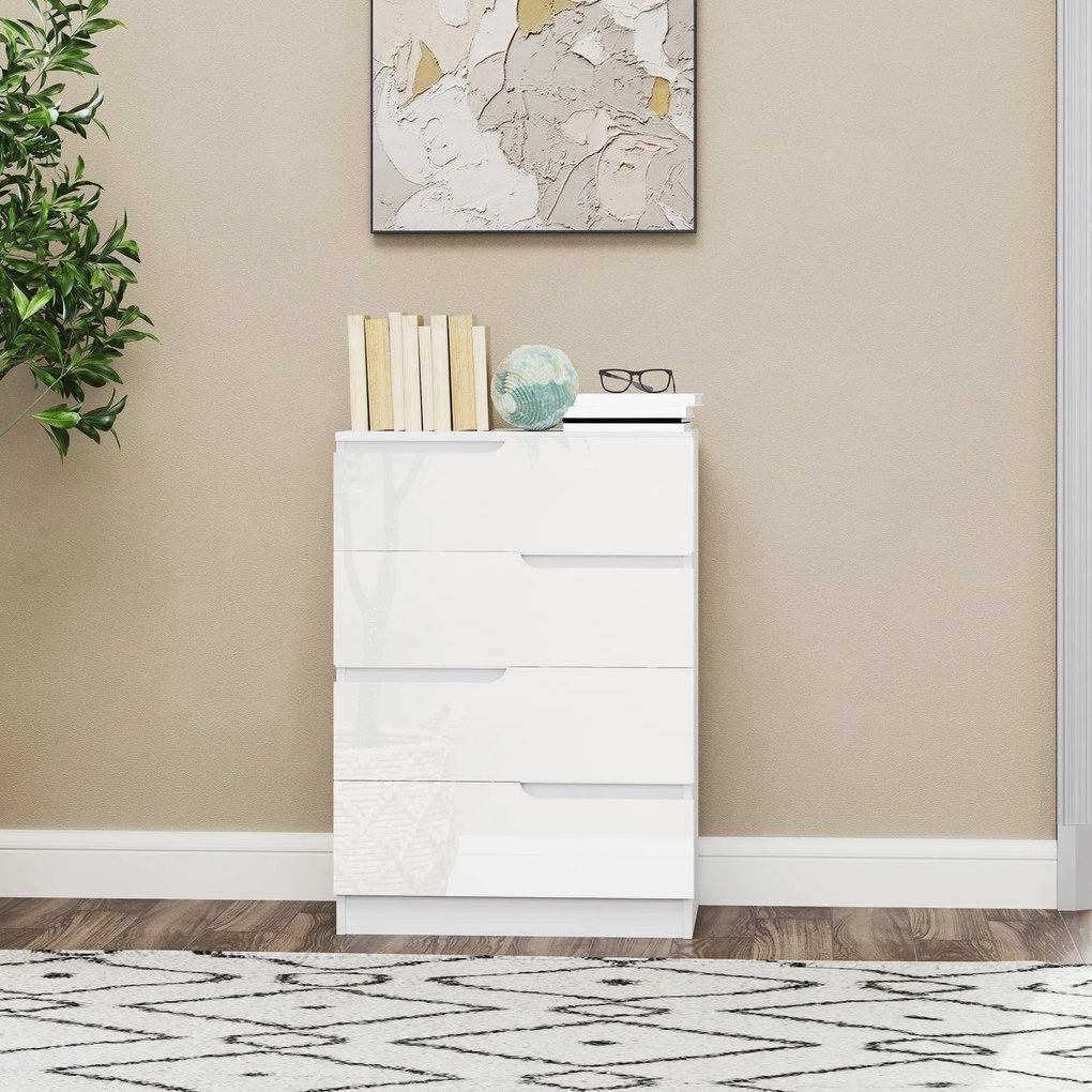 HOMCOM Komoda se 4 zásuvkami, Skříňka pro obývací pokoj a ložnici, Leskle bílá 60 x 40 x 85 cm