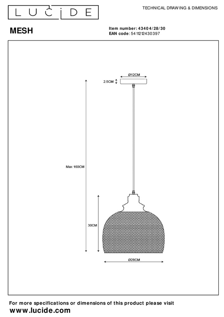 Lucide 43404/28/30 závěsné svítidlo Mesh černé, E27, ø28cm