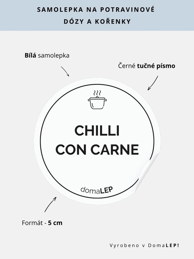 Samolepka na kořenky CHILLI CON CARNE bílá 5 cm tučné písmo