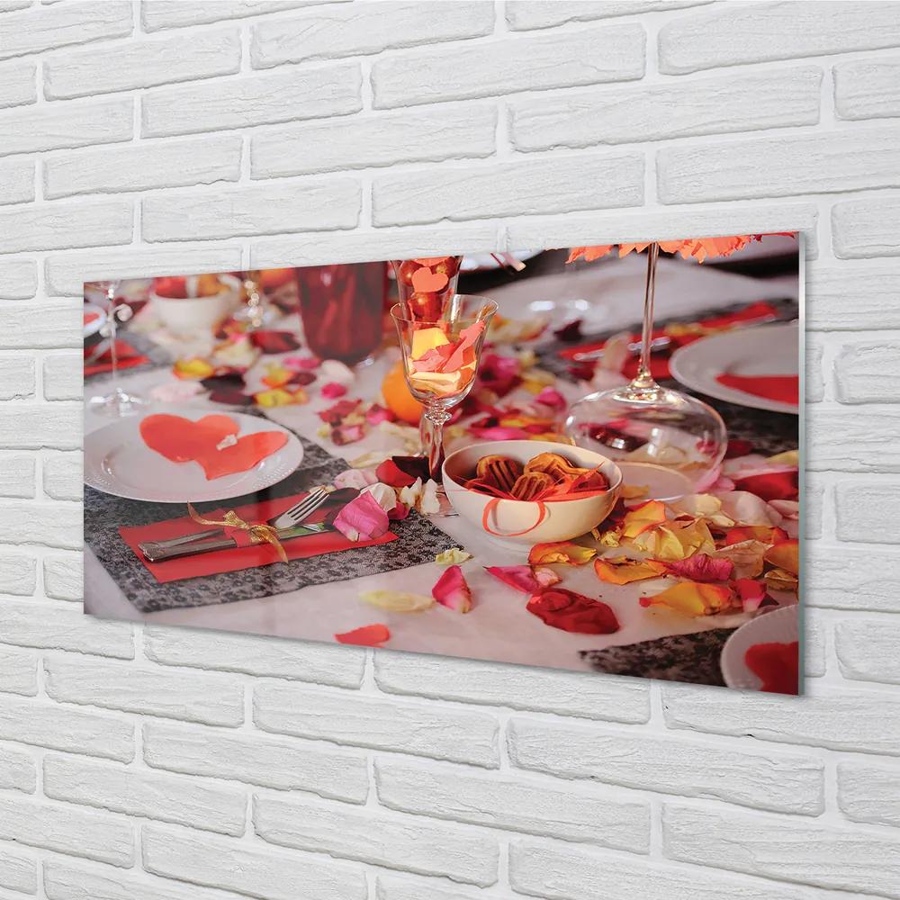 akrylový obraz Srdce okvětní lístky růží večeře brýle 125x50 cm