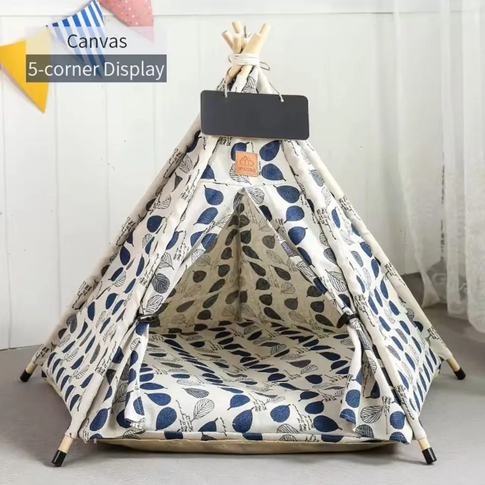 Kvalitní teepee pro psy i kočičky - 3 velikosti/12 barev Barva: modré lístky, Velikost: M