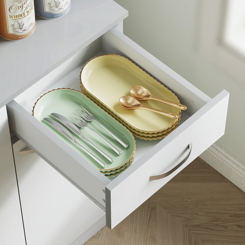 HOMCOM Moderní kuchyňský bufetový kabinet s vícero úložnými prostory, 6 dveří, 1 šuplík + velká pracovní deska, rozměry 101L x 39W x 180H cm v bílé a…