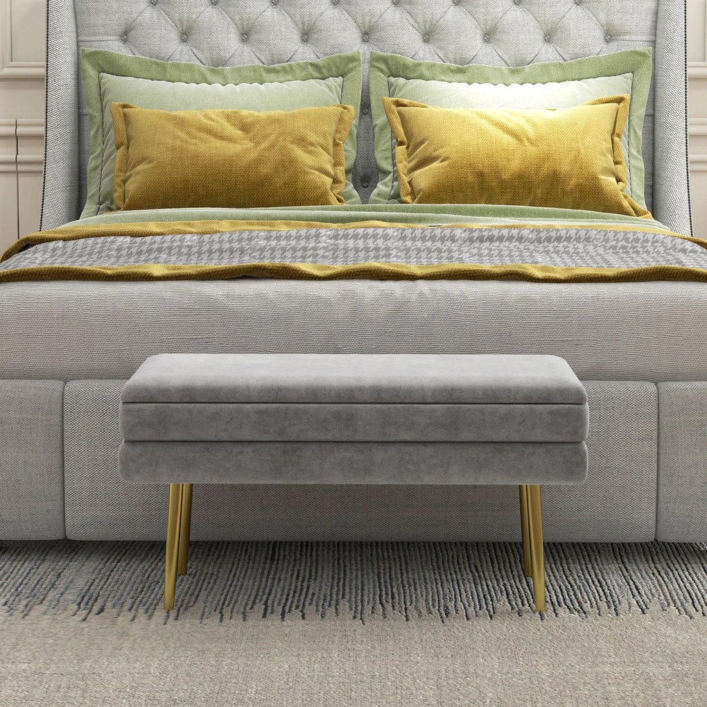 HOMCOM Úložná lavice, lavice na konci postele, úložný box s sametovým sedákem a ocelovými nohami, 79,5 x 37,5 x 43 cm, Šedá a zlatá
