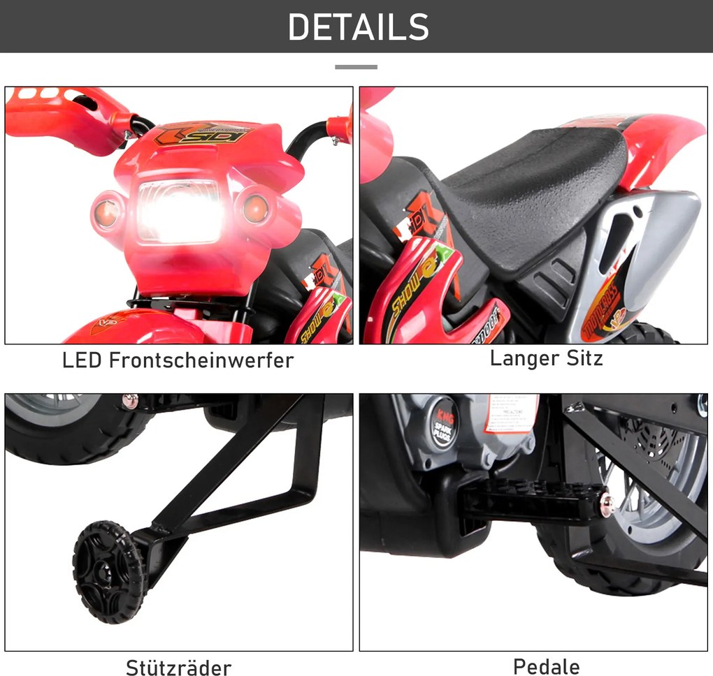 HOMCOM Dobíjecí elektrická motorka pro děti 6V od 3 let s nabíječkou a podpůrnými koly 102x53x66 cm Červená