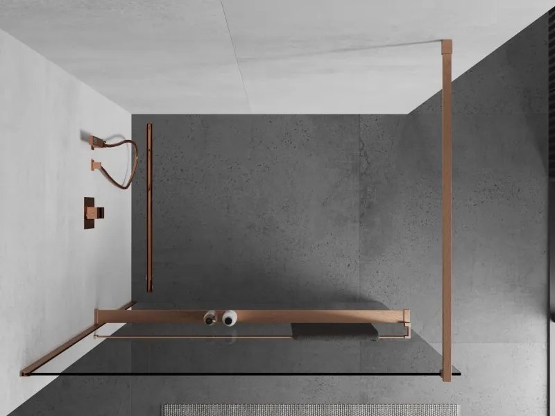 Mexen Kioto+, sprchová zástěna Walk-In s poličkou a věšákem 105 x 200 cm, 8mm čiré sklo, měděný matný profil, 800-105-121-65-00