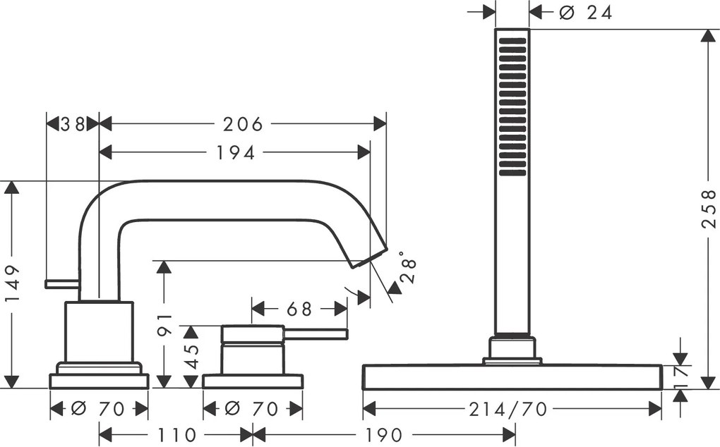 Hansgrohe Tecturis S, 3-otvorová baterie na okraj vany, kartáčovaný bronz, HAN-73447140