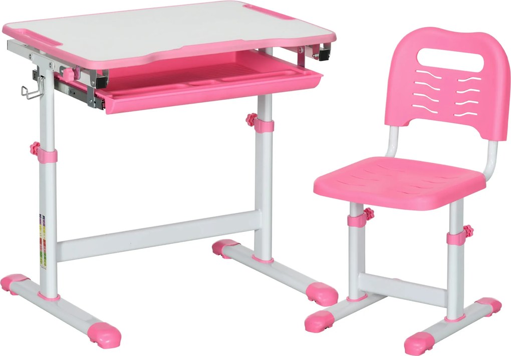 HOMCOM Nastavitelný školní stůl pro děti ve věku 6-12 let, set stolu a židle s 45° naklápěcí deskou, zásuvkou, 2 držáky na tužky a háčkem, růžový | Ao
