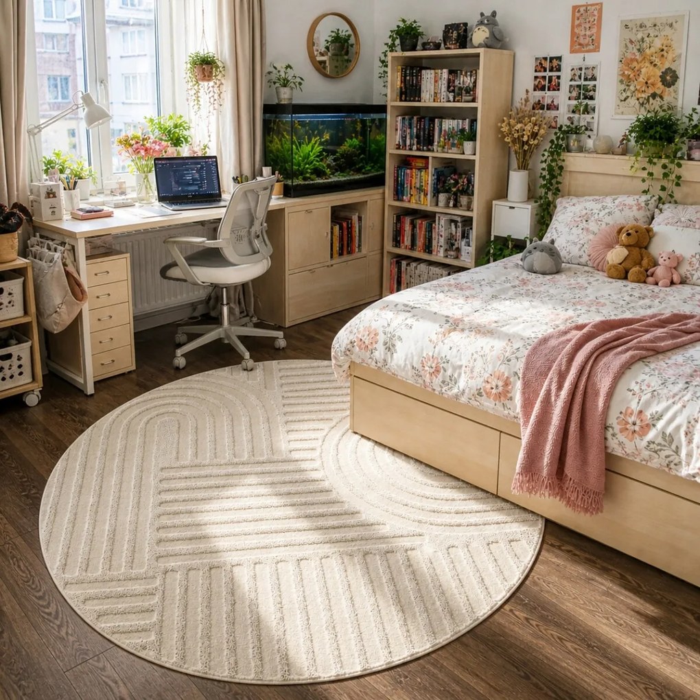 Ayyildiz, Kusový koberec Art 1121 Cream kruh, 120x120 (průměr) kruh, béžová, ložnice