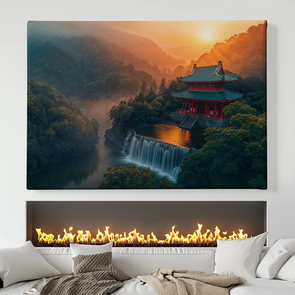 Obraz na plátně - Japonský chrám s vodopády a západem slunce FeelHappy.cz Velikost obrazu: 180 x 120 cm