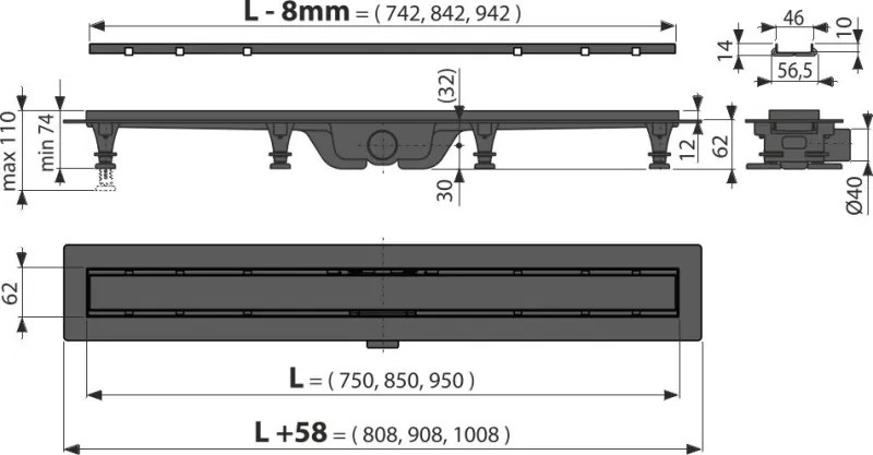 ALCA Podlahový žlab s okrajem pro oboustranný rošt, černá-mat APZ19BLACK-750