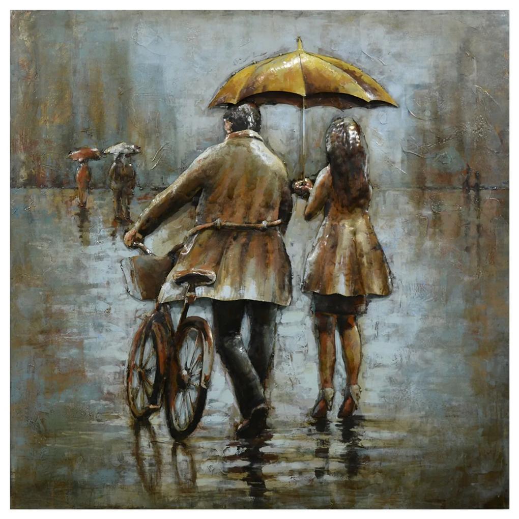 Kovový nástěnný obraz Dvojice v dešti - 100*5.5*100 cm