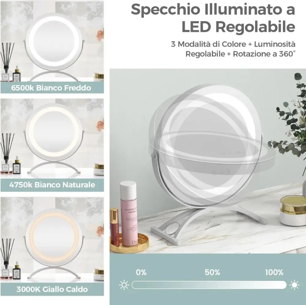 Kosmetické zrcadlo s LED osvětlením, stmívatelné, bílé, průměr 30 cm HU10611DE-WH