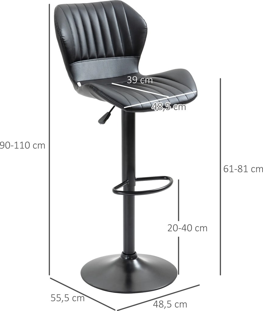 HOMCOM Barová židle výškově nastavitelná sada 2 otočných židlí otočných o 360° s opěradlem v imitaci kůže 48,5x55,5x90-110 cm do kuchyně a baru | Aos…