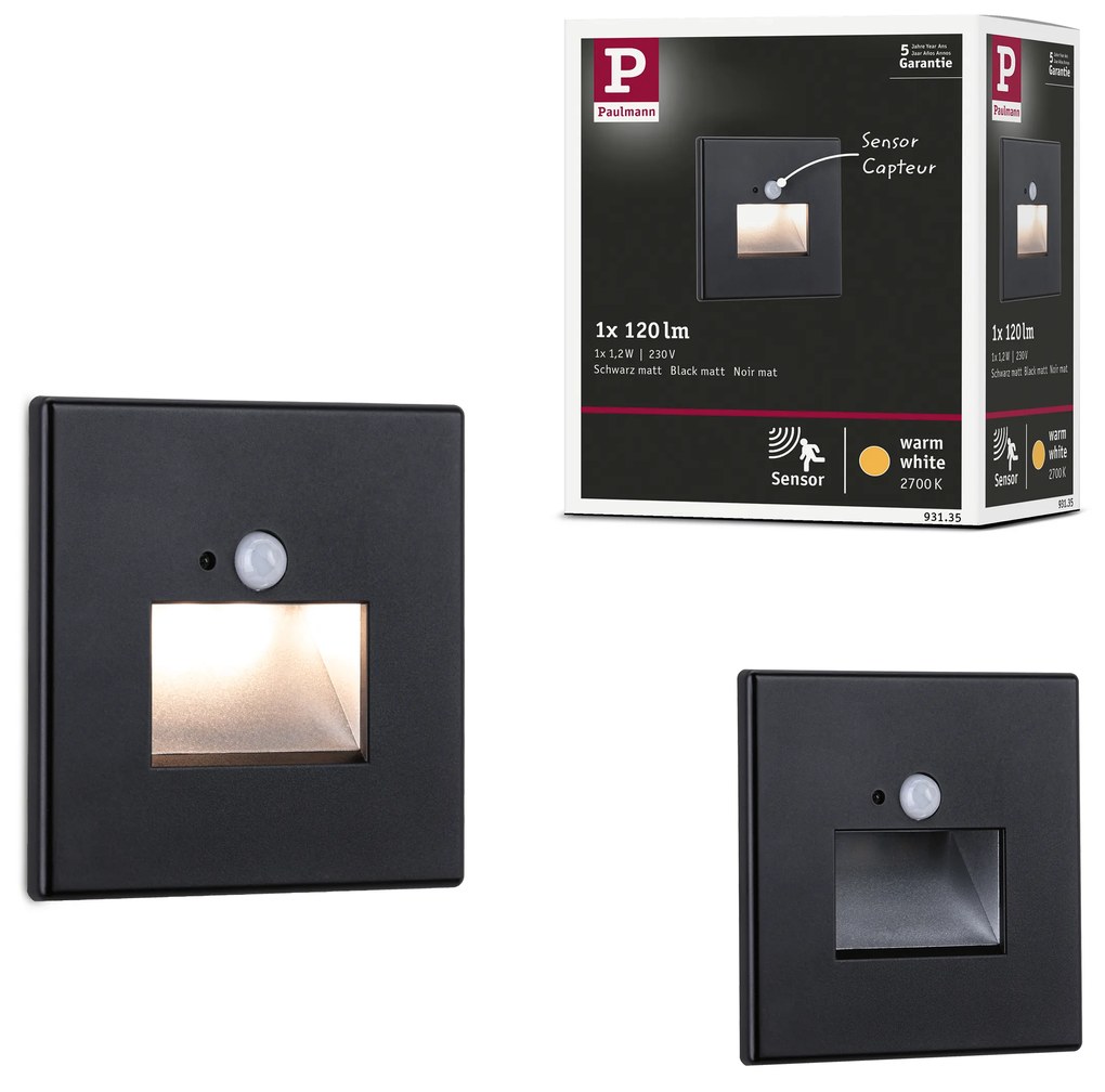 Paulmann 93135 Edge Quadro, svítidlo do stěny se senzorem, 1x1,2W LED 2700K, matná černá, 8x8cm
