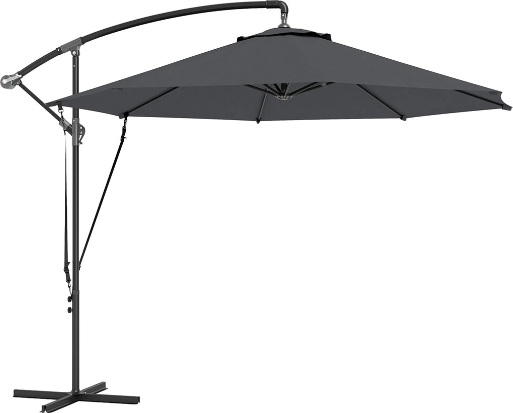 Outsunny Offset Slunečník Ø 290 cm Zahradní Parasol s Křížovou Základnou Kličkovým Krytem a Anti-UV 50+ Větrnými Šňůrkami pro Terasu a Patio Tmavě Šed