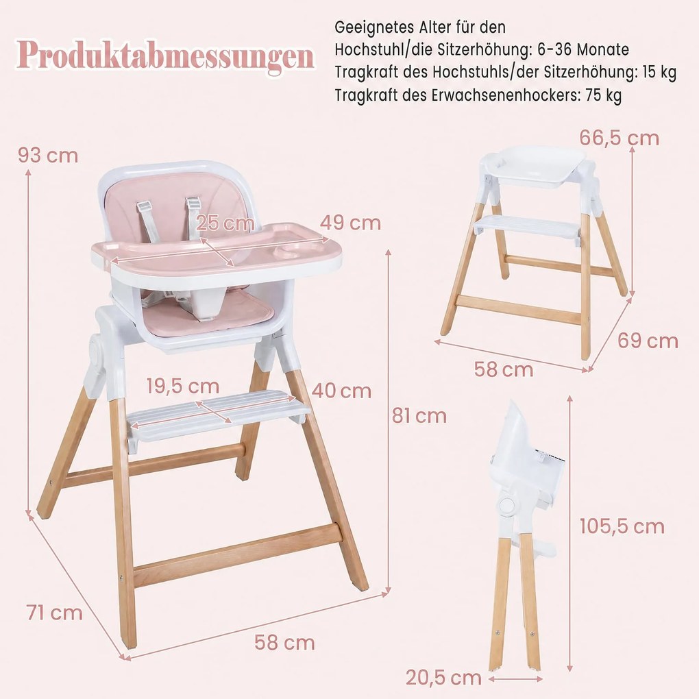 Costway Vysoká stolička baby 4 v 1 dětská vysoká židle skládací – růžový