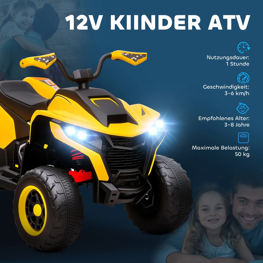 AIYAPLAY Elektro čtyřkolka pro děti, 3-6 km/h, LED světlomety, hudba, USB, pro děti 3-8 let, žlutá
