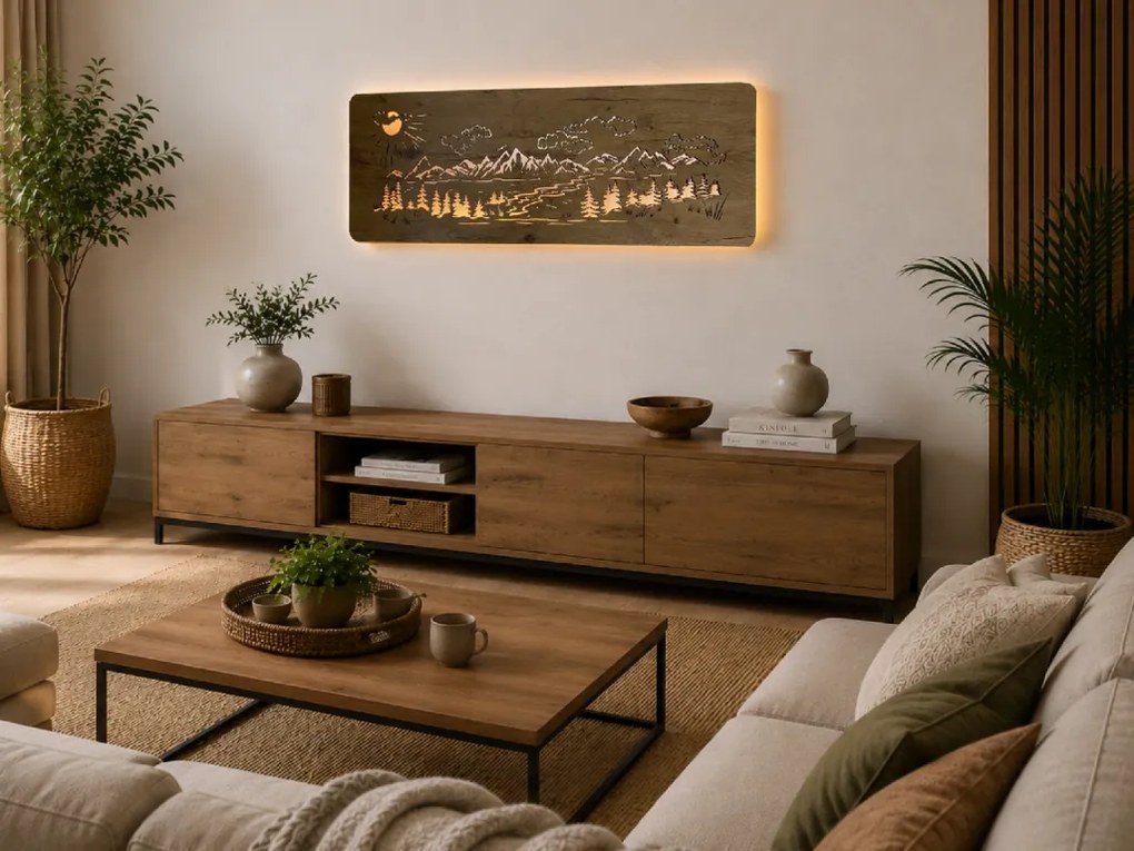 Li-Go "Hory, les" světelný obraz s baterií a pohybovým čidlem 120x40cm provedení povrchu: dub
