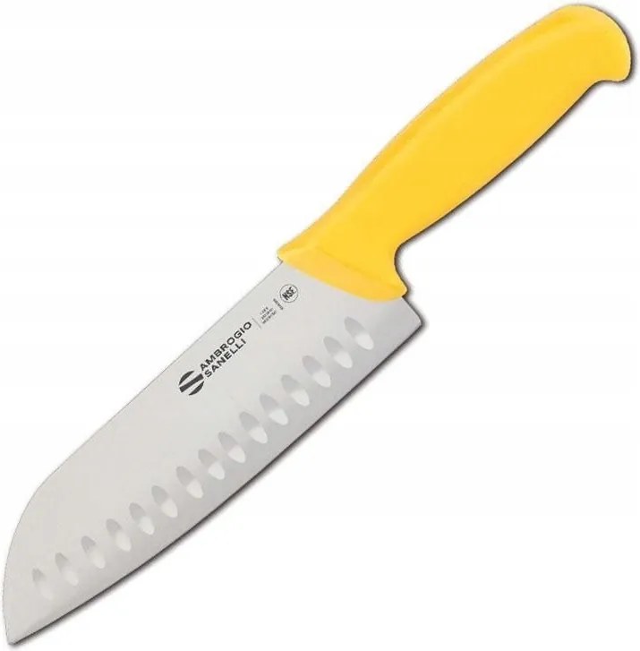 Nůž Santoku Ambrogio Sanelli Supra, grantonová čepel, 18 cm, žlutý