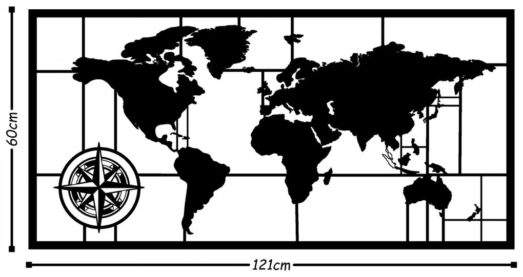 Nástěnná kovová dekorace Mapa světa kompas II 121x60 cm černá