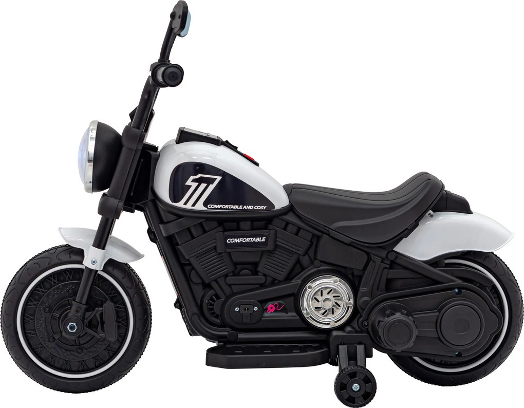 Ramiz Elektrická motorka Chopper FASTER pro děti bílá + FM rádio + audio panel + LED