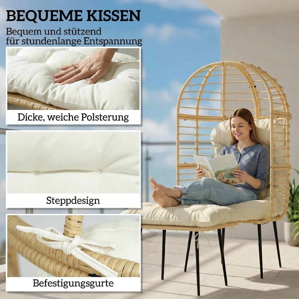Outsunny vejčité křeslo z PE ratanu s podnožkou — boho lounge pro terasu i interiér, tlusté polštáře, práškově lakovaný rám, béžové