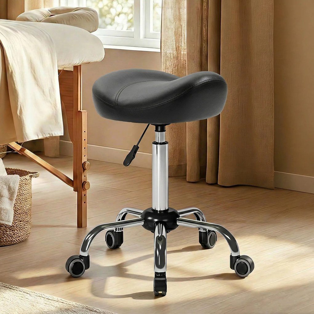 HOMCOM Rolovací stolička Výškově nastavitelná pracovní stolička s kolečky otočná imitace kůže černá 48 x 54-69 cm pro salony a masáže