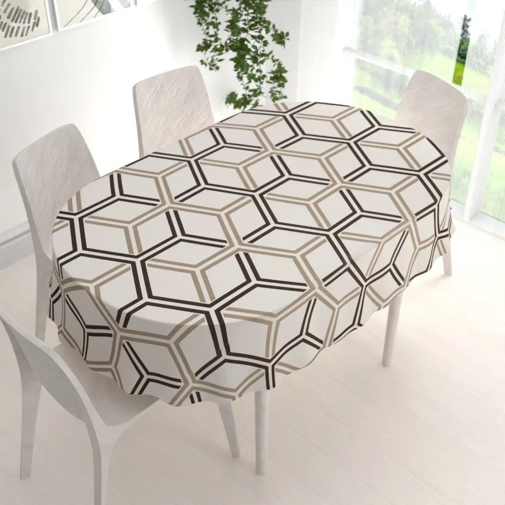 Biante Bavlněný oválný ubrus Sandra SA-558 Hnědé hexagony na krémovém 80x120 cm