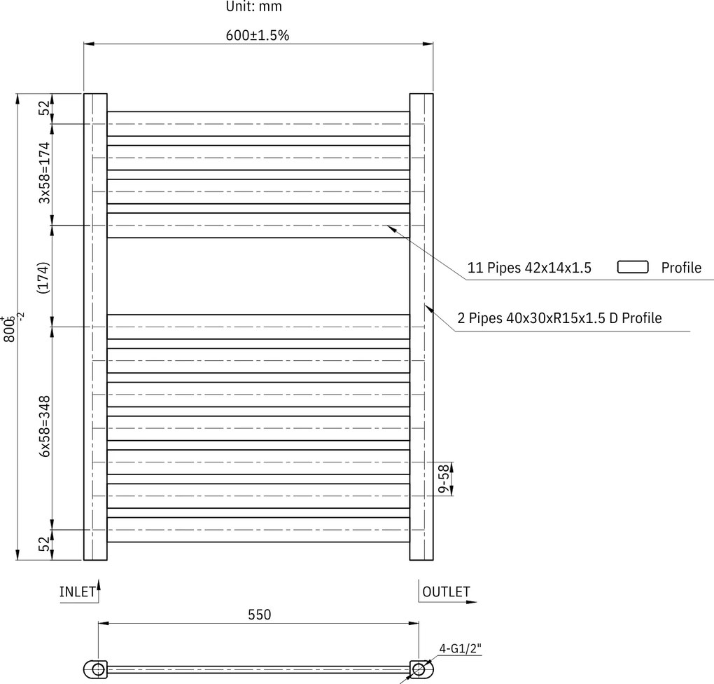 Gamma Artic, topné těleso 600x800 mm, 382 W, zlatá matná, GMA-ARCT-8060-GD