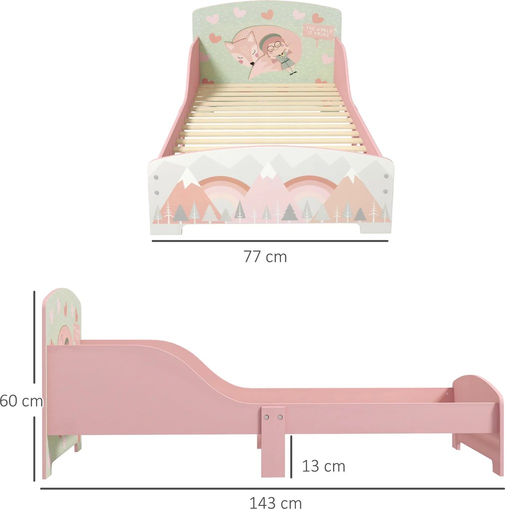 Dětská postel ZONEKIZ dřevěná 143x77x60 cm pro děti ve věku 3-6 let s bezpečnostními zábranami a potiskem Max. nosnost 40 kg Moderní růžový nábytek d…