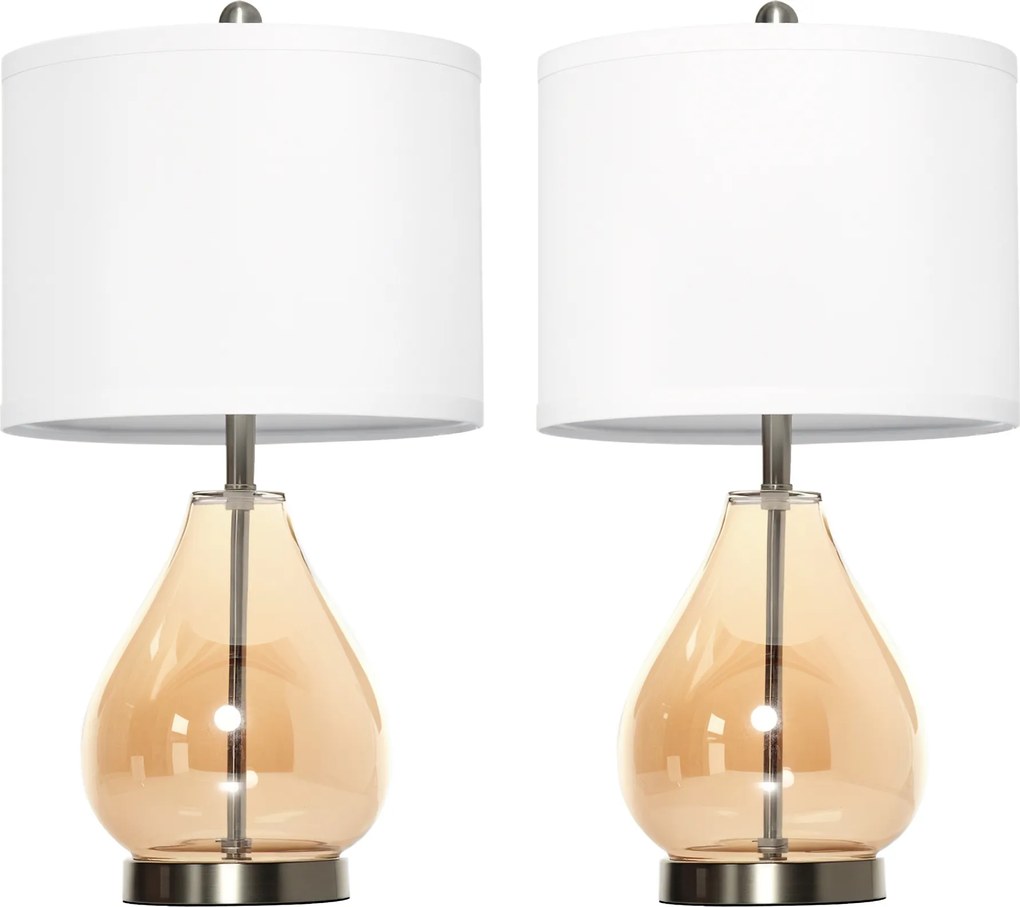 HOMCOM Sada 2 nočních lampiček s paticí E27, 40W, sklo, len, ocel, jantarová barva, Ø30 x 56H cm| Aosom