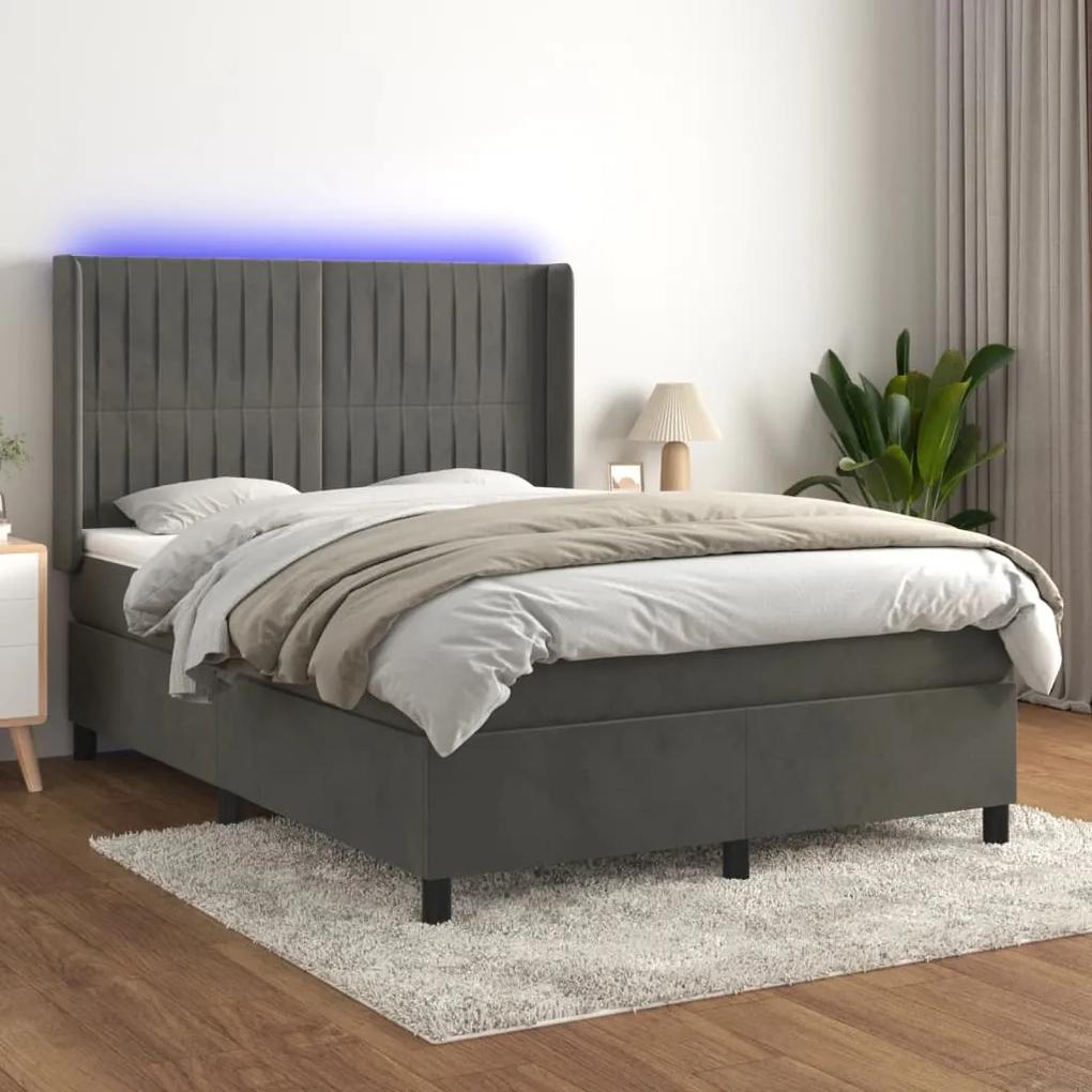 Box spring postel s matrací a LED tmavě šedá 140x200 cm samet,  3139686