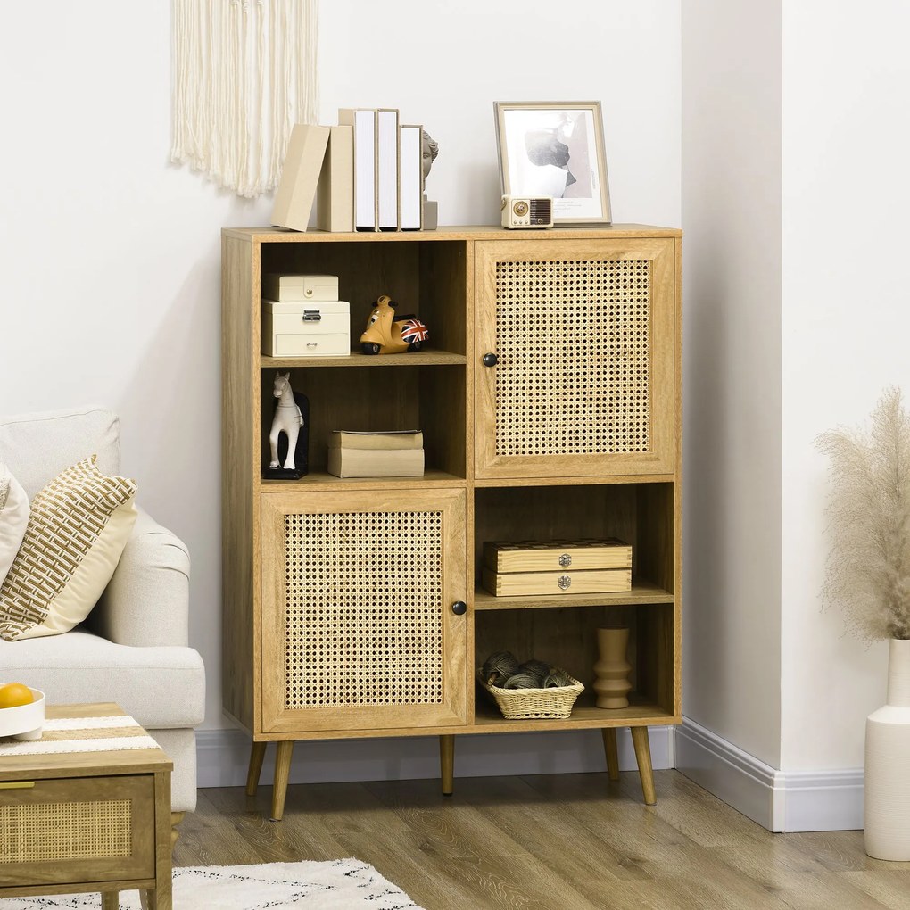 HOMCOM Buffetová skříňka s nohami z dřeva a ratanu se 2 dveřmi a 4 přihrádkami - rozměry 90L x 32,5W x 120H cm