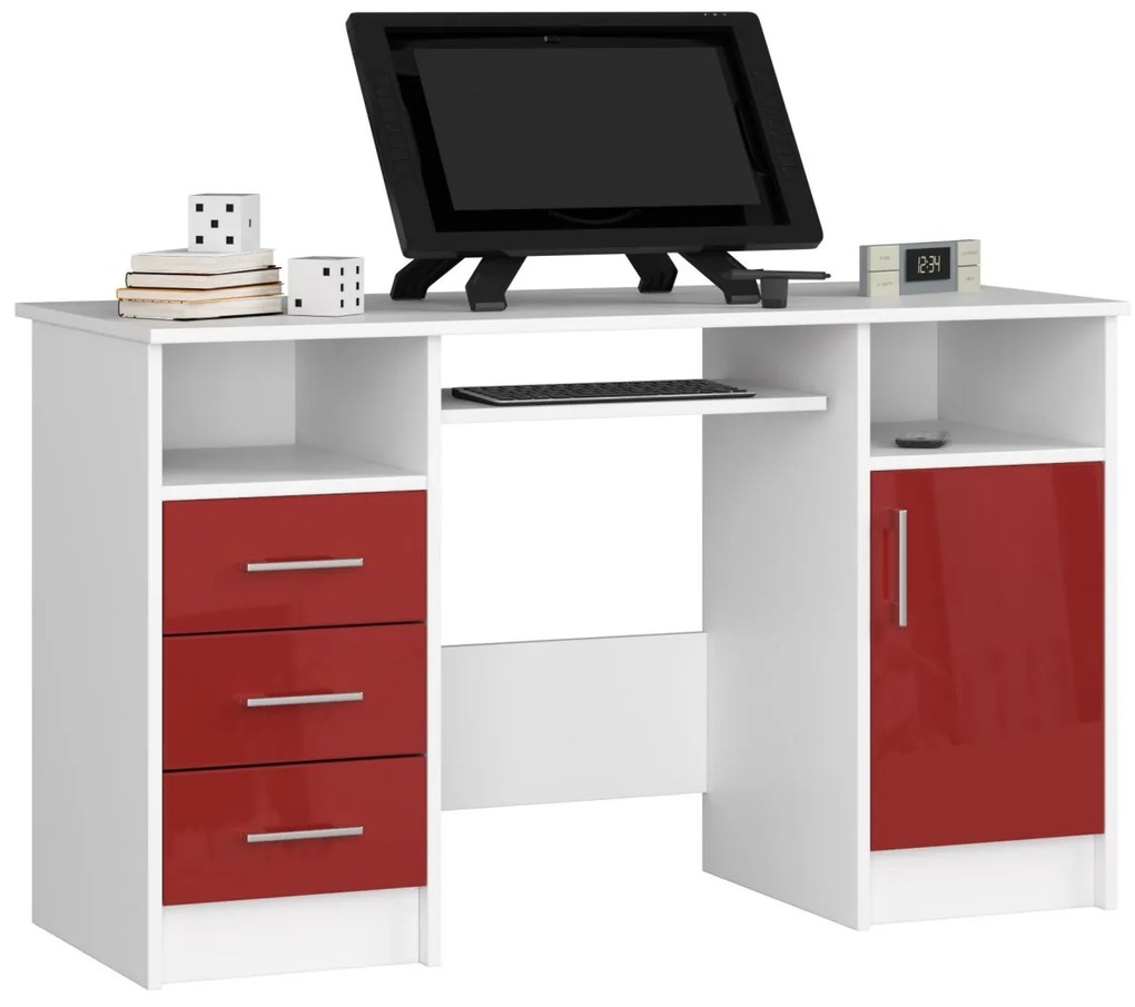 Volně stojící psací stůl Ana 124 cm bílý/červený - lesk