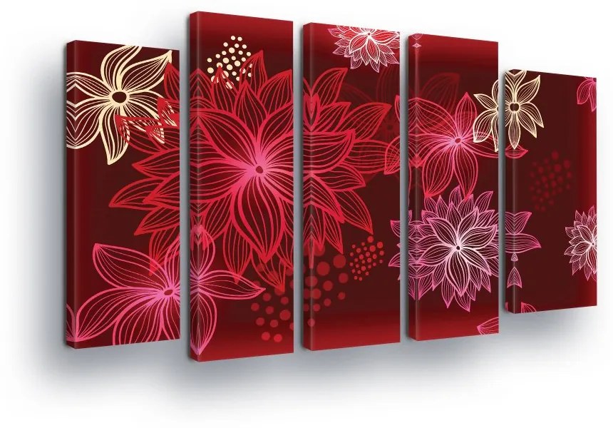 GLIX Obraz na plátně - Moderní Květy na Červeném Podkladu 2 x 30x80 / 3 x 30x100 cm