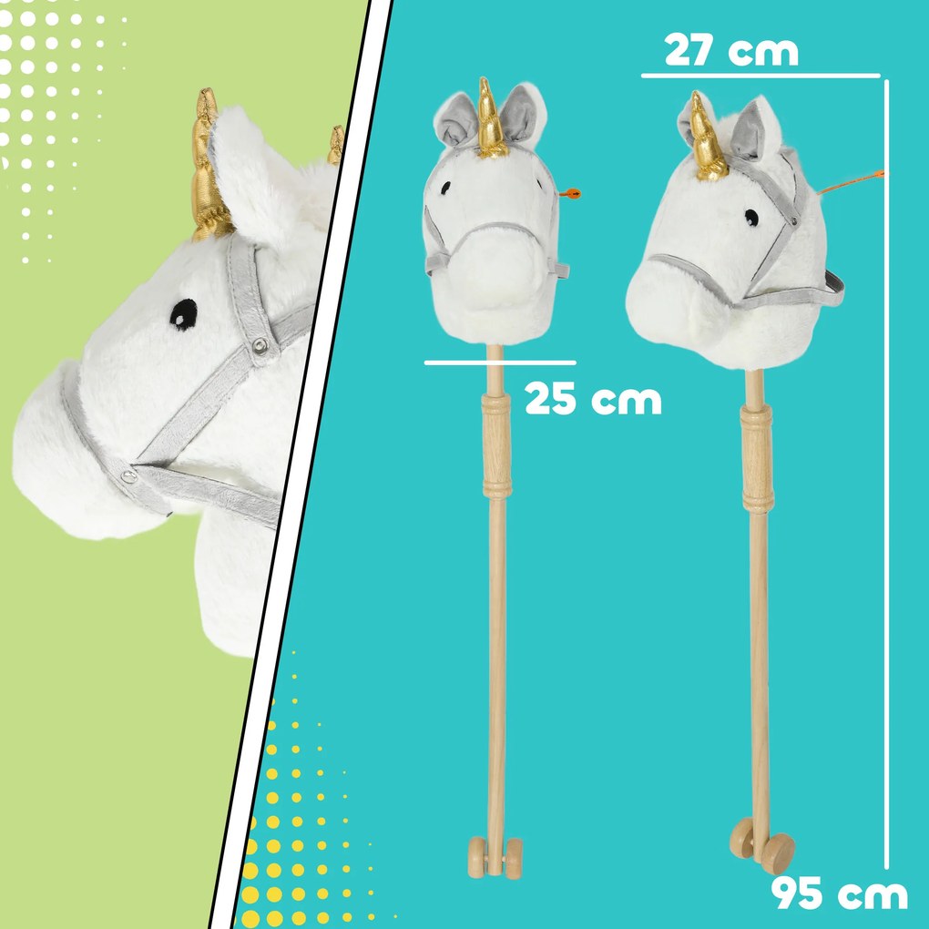 AIYAPLAY hlavice koně na dřevěné tyči Design jednorožce Zvuky a kolečka Houpací kůň 95 cm Bílá