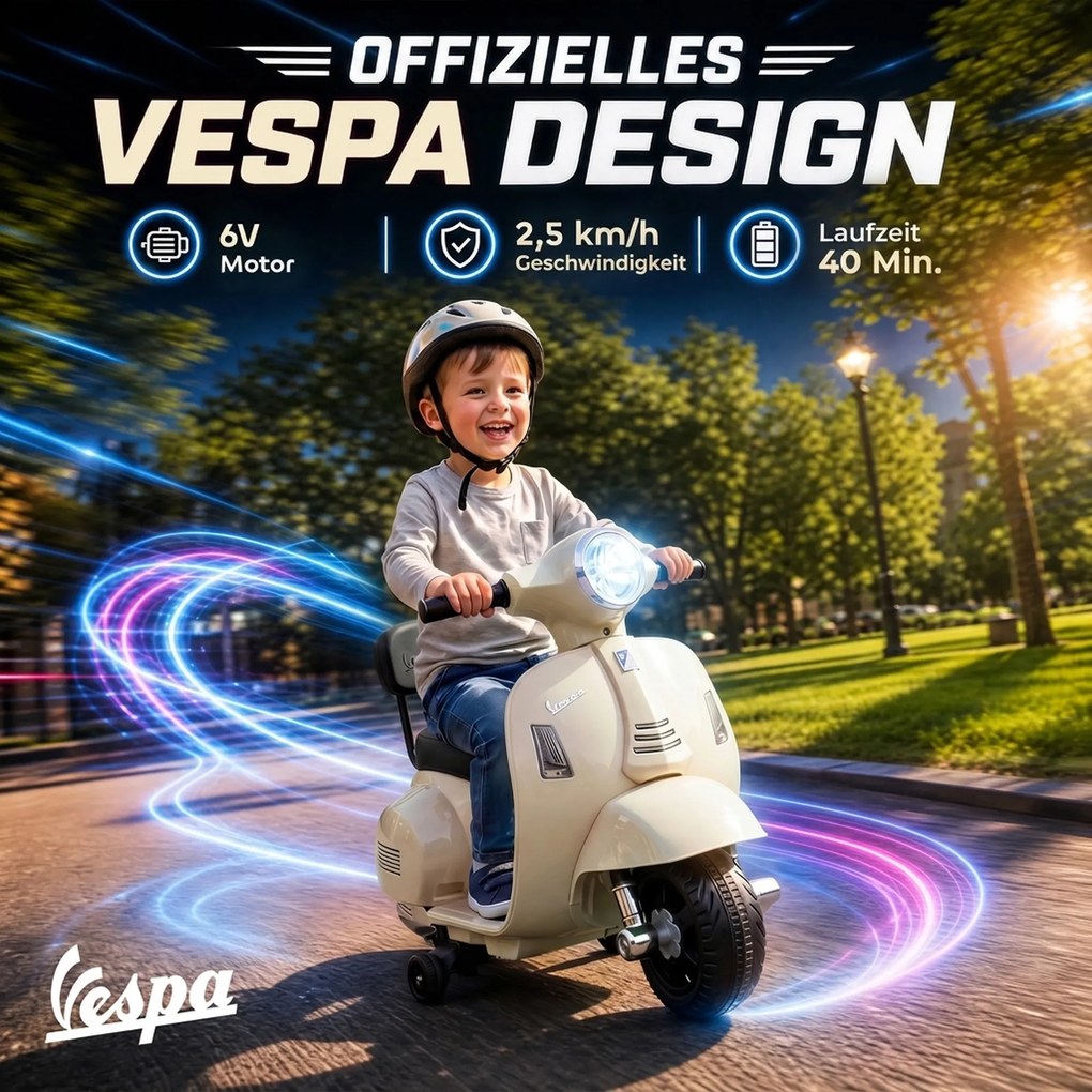 AIYAPLAY Elektro motorka pro děti Mini Vespa GTS 6V s lithiovou baterií, ergonomické sedadlo, opěrka zad, 1,5-3 roky 370-484V90WT