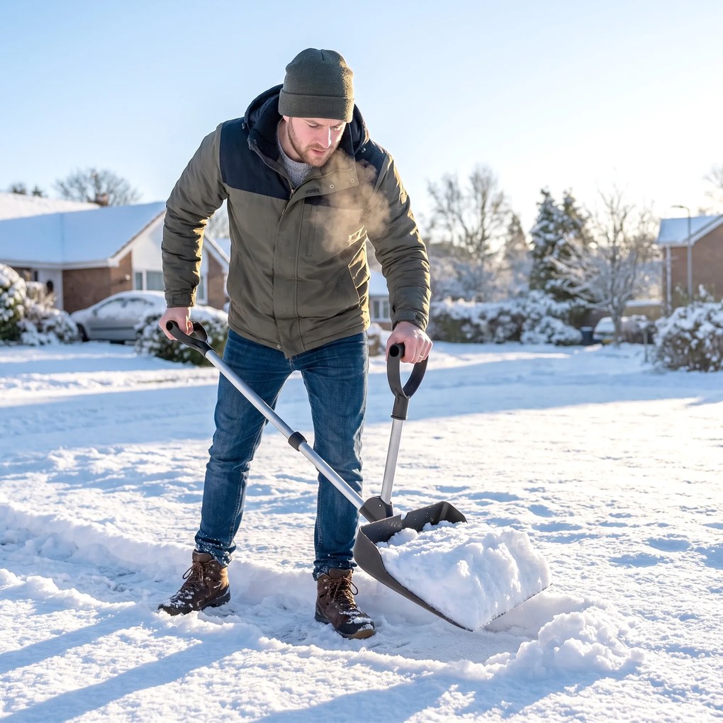 Outsunny Sněhový pluh 45 cm široký, plastová lopata na sníh s ergonomickou přídavnou rukojetí, odháněč sněhu s hliníkovou násadou a kovovým okrajem