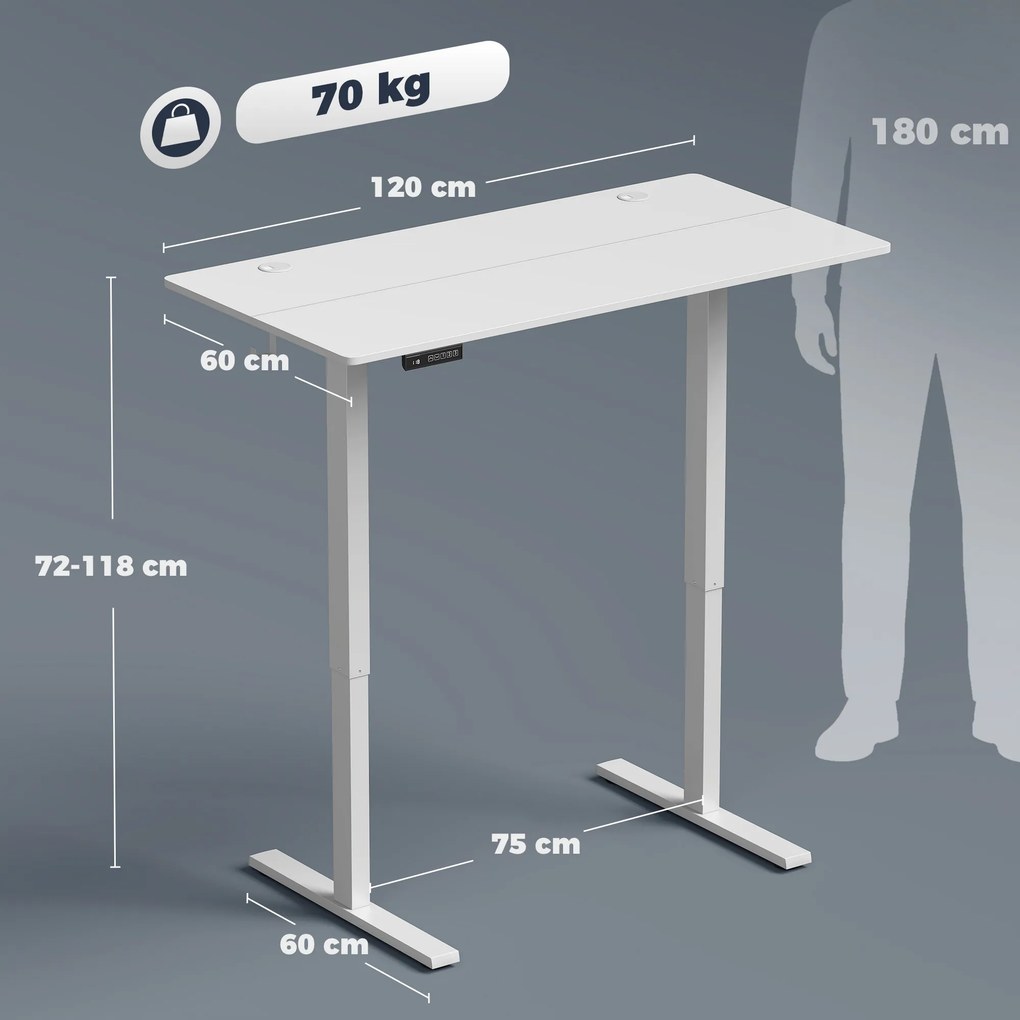 HOMCOM Elektrický stojací-sedadlový stůl 120 x 60 cm, 3 paměťové výšky, dětská pojistka a protinárazová funkce, pro práci, bílá