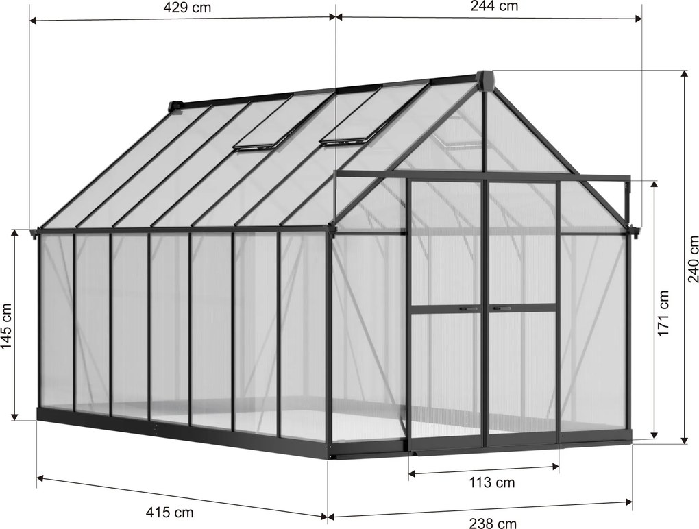 Skleník 240 x 244 x 429 cm, zesílená konstrukce, polykarbonát 6 mm