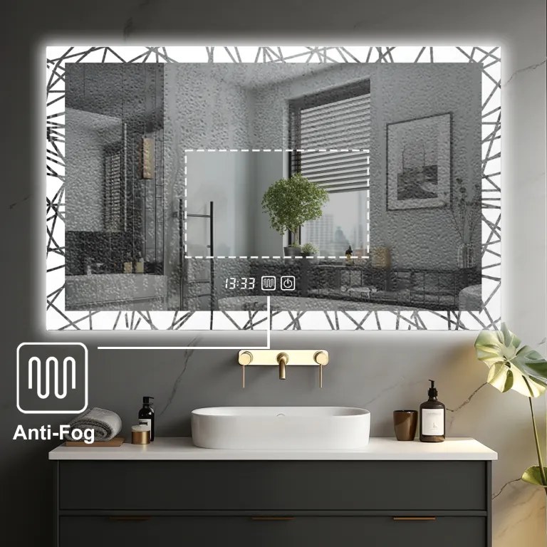 LED koupelnové zrcadlo 90 × 70 cm s odmlžováním a hodinami
