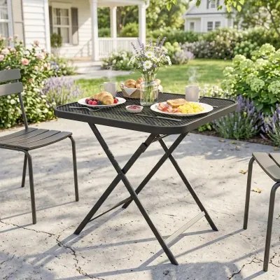Outsunny skládací zahradní stůl 70 x 70 cm, odolný vůči počasí, balkónový skládací stůl s výřezovým designem, čtvercový, černý