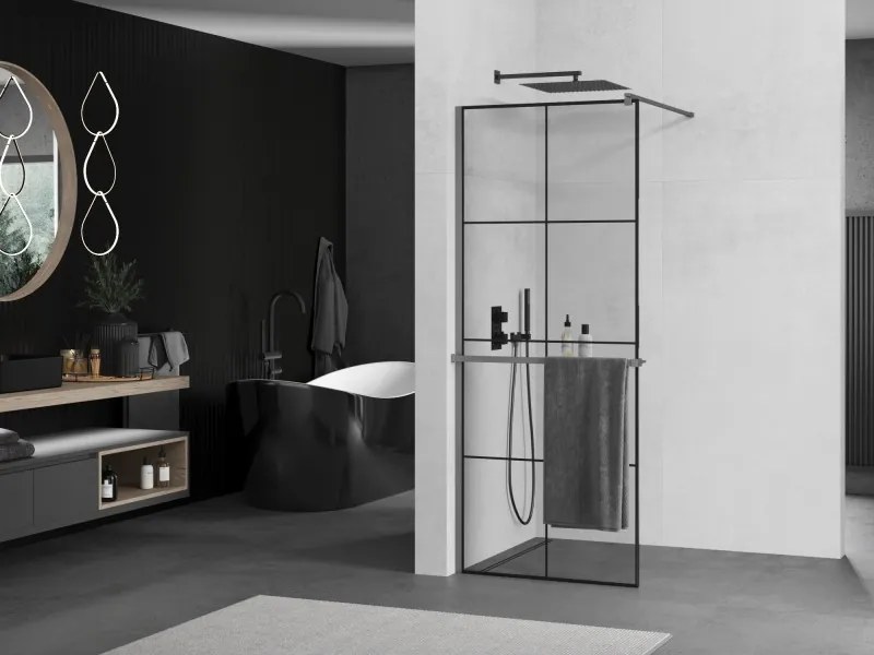 Mexen Kioto+, sprchová zástěna Walk-In s poličkou a věšákem 70 x 200 cm, 8mm čiré sklo černý vzor, ​​grafitový profil, 800-070-121-95-77